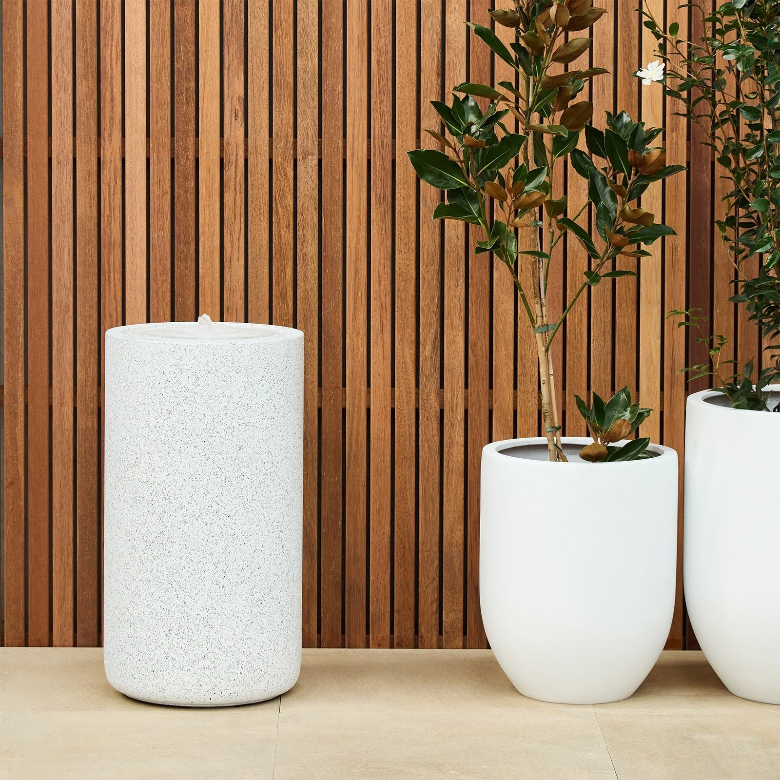 Indiana Cylinder Fountain Water Feature White terrazzo | Exotic Botanic